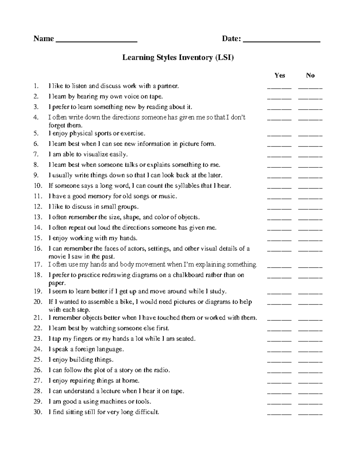 Learning Styles Inventory Name Date