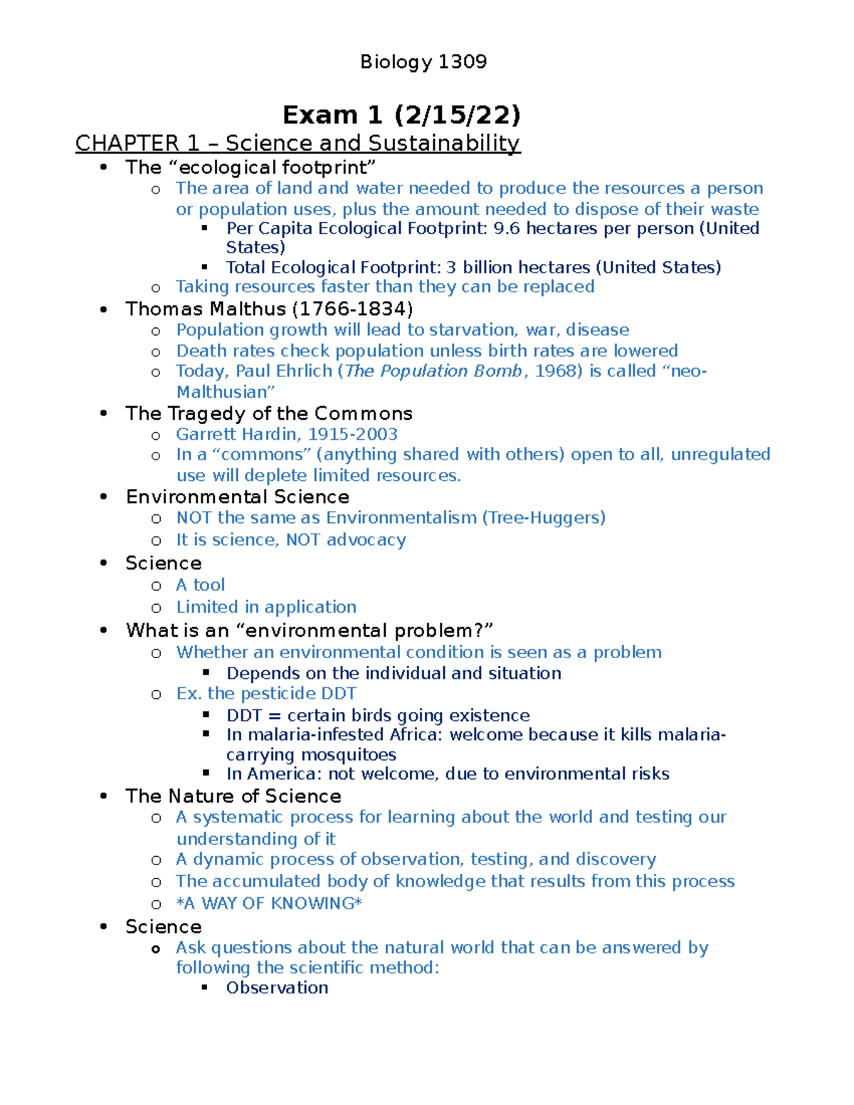 Biology Notes Spring 2022 - Exam 1 (2/15/22) CHAPTER 1 – Science and ...