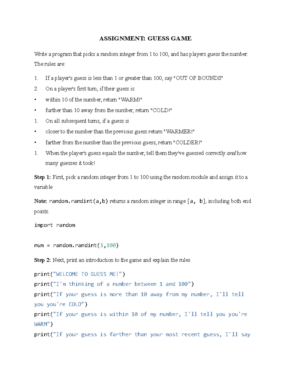 Assignment 3 Python Statements Solution Assignment Guess Game