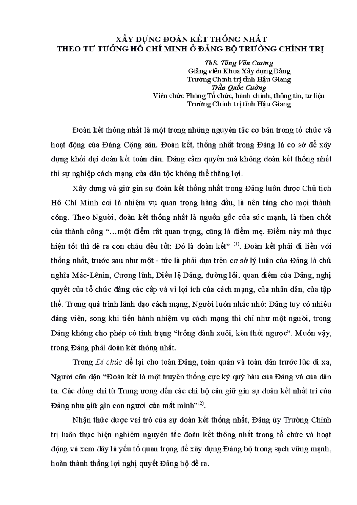 Hau Giang TCT Tang Van Cuong-Tran Quong Cuong - XÂY DỰNG ĐOÀN KẾT THỐNG NHẤT THEO TƯ TƯỞNG HỒ ...