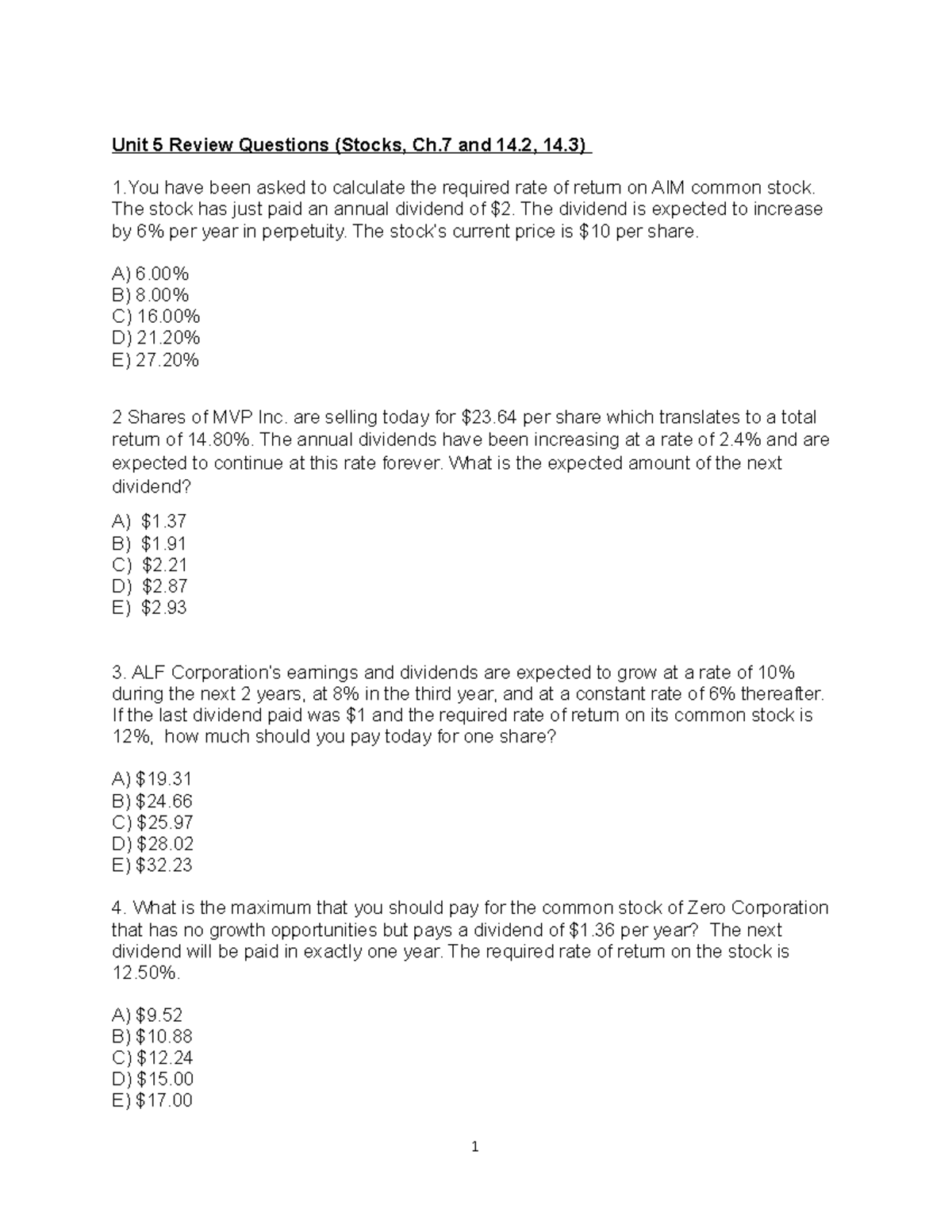 Unit 5 Review Questions - Unit 5 Review Questions (Stocks, Ch and 14 ...