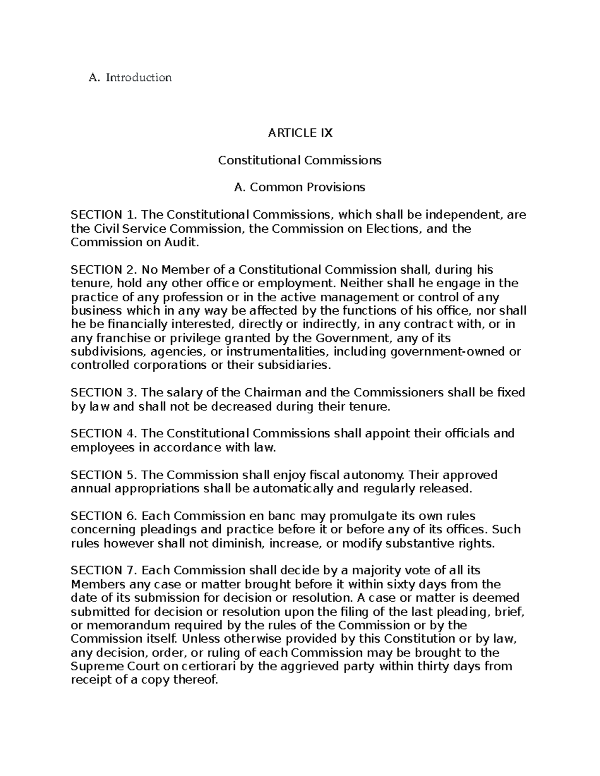 Admin - A. Introduction ARTICLE IX Constitutional Commissions A. Common ...