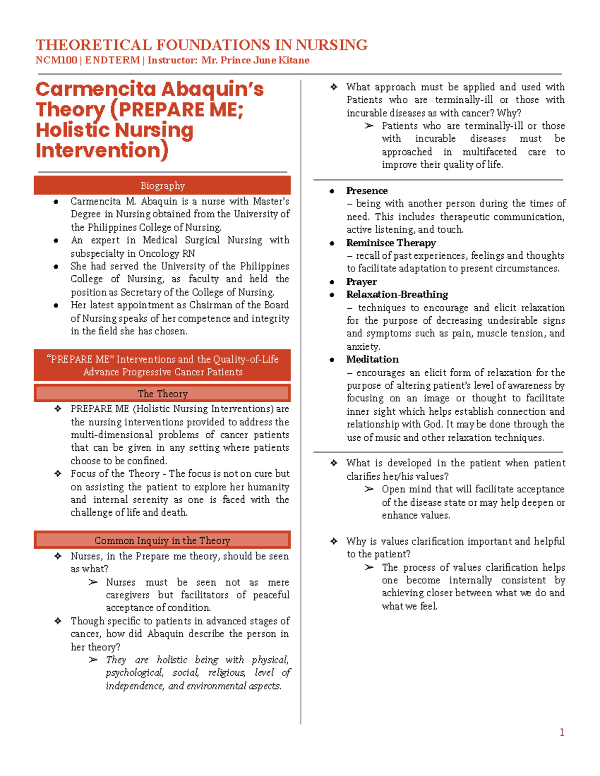 Carmencita Abaquin’s Theory ( Prepare ME; Holistic Nursing Intervention ...