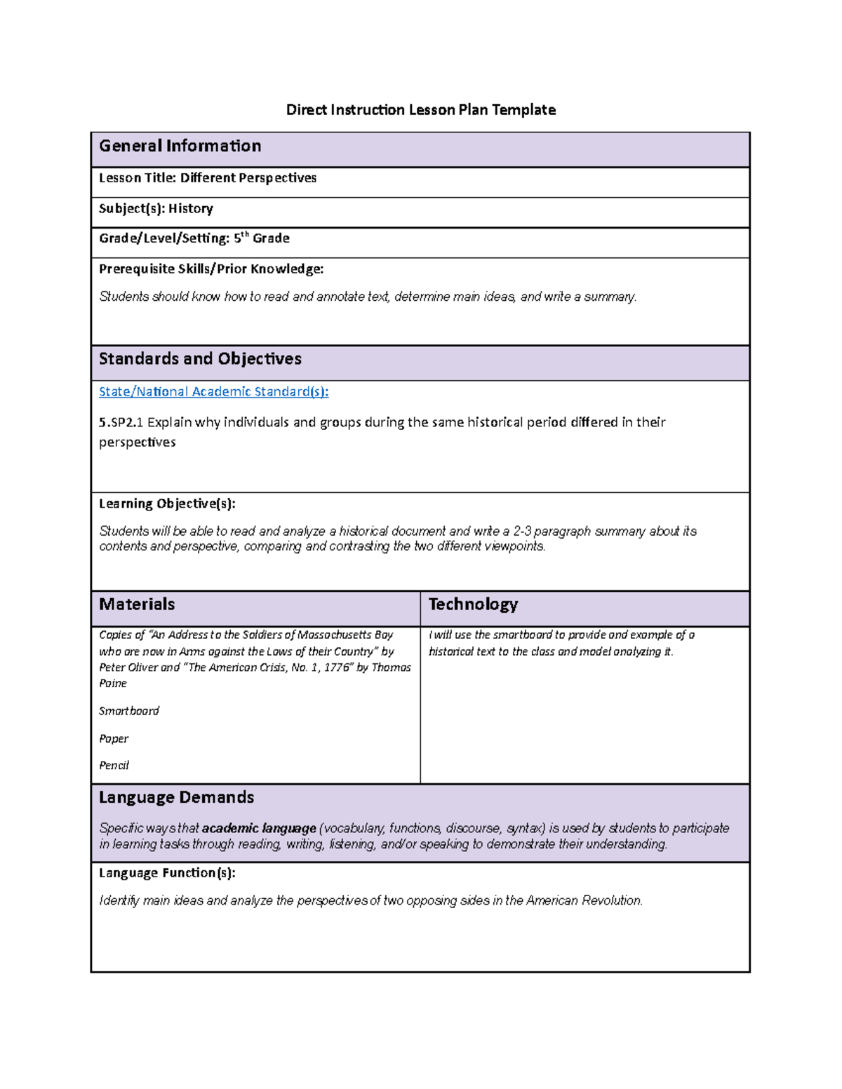 Disciplinaryliterature - Direct Instruction Lesson Plan Template ...