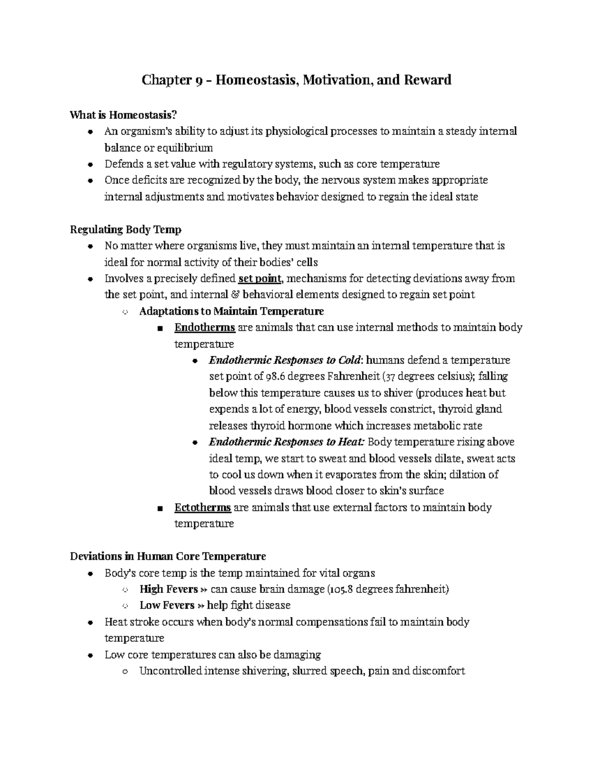 PSY351 Chapter 9 Notes Chapter 9 Homeostasis Motivation And