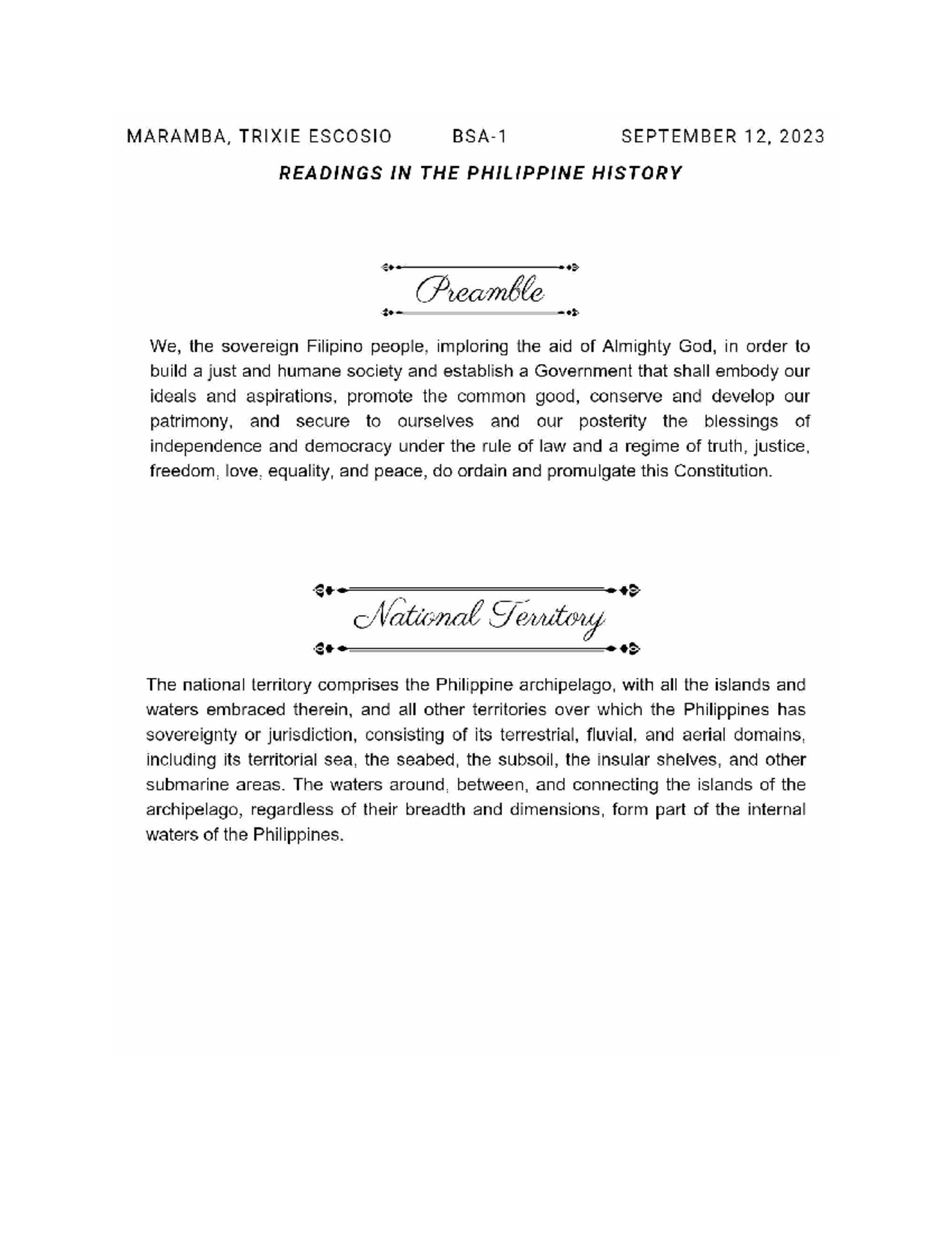 preamble of the ph constitution - Ethics - Studocu