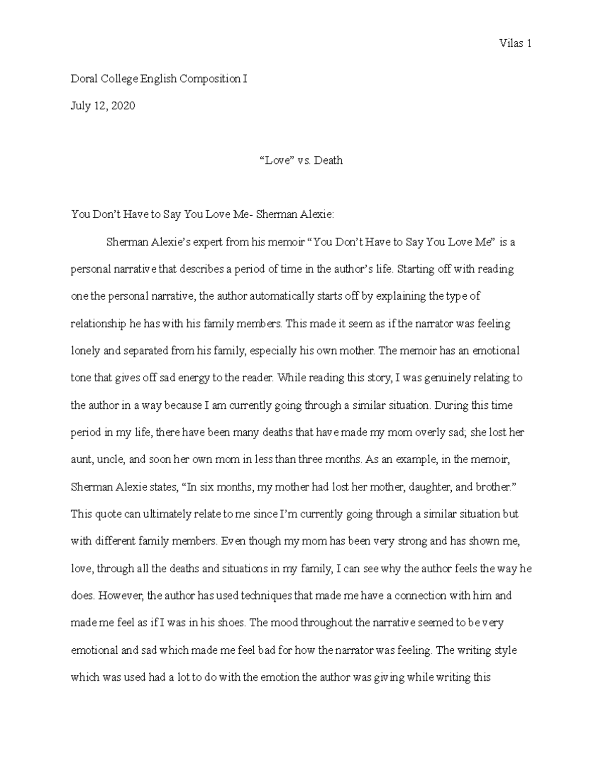 Analysis of two Personal Narratives - Vilas 1 Doral College English ...