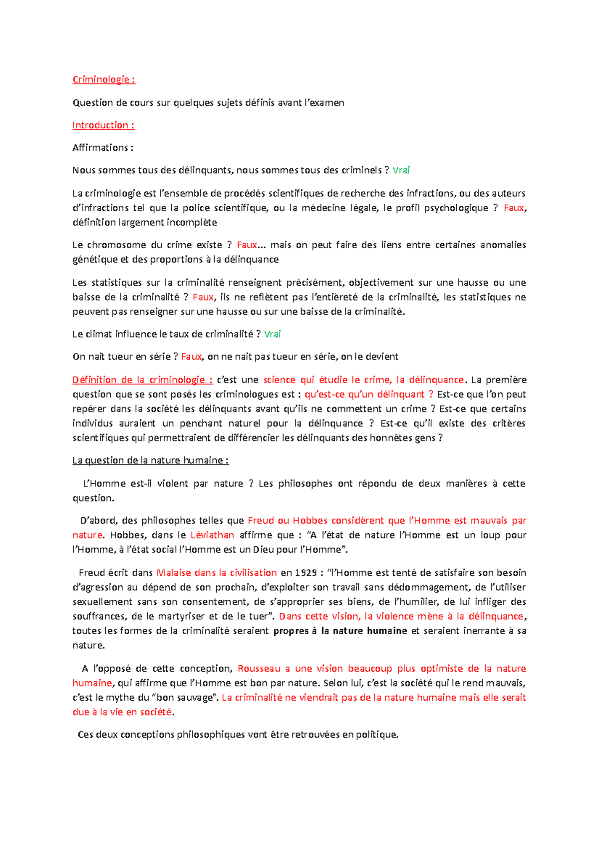 CM Criminologie Complet - Criminologie : Question de cours sur quelques ...