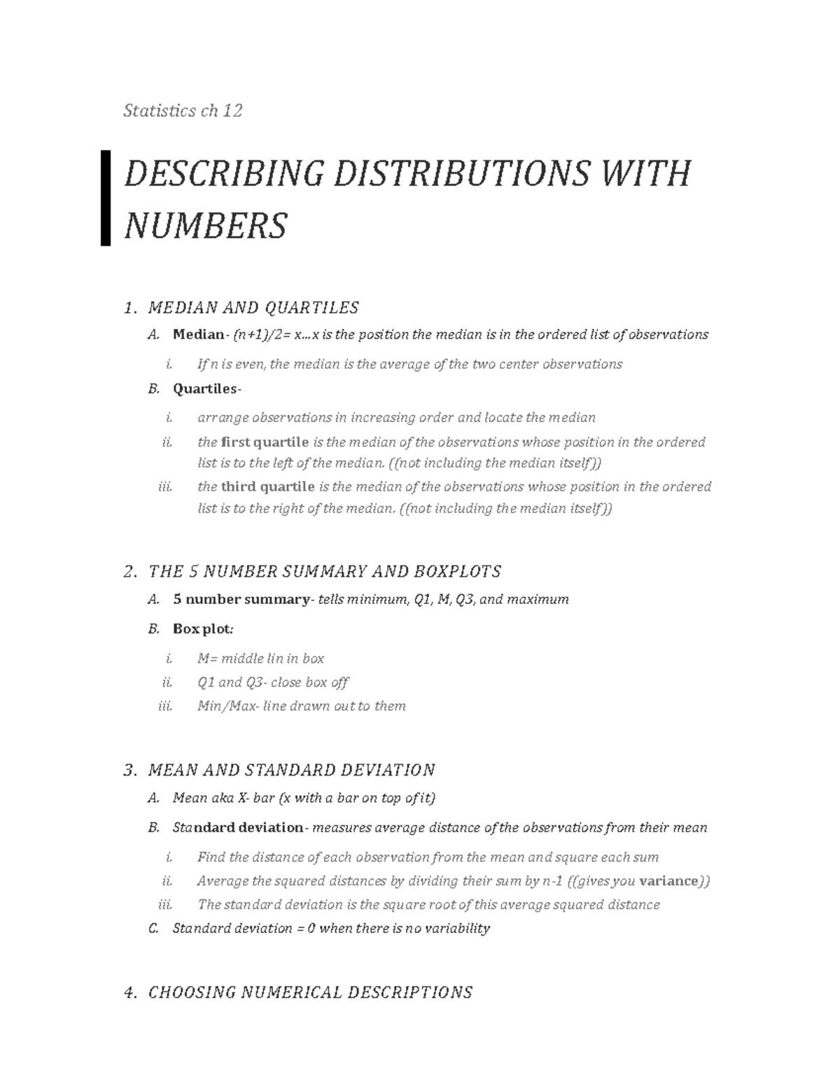 Statistics ch 12 notes - Statistics ch 12 DESCRIBING DISTRIBUTIONS WITH ...