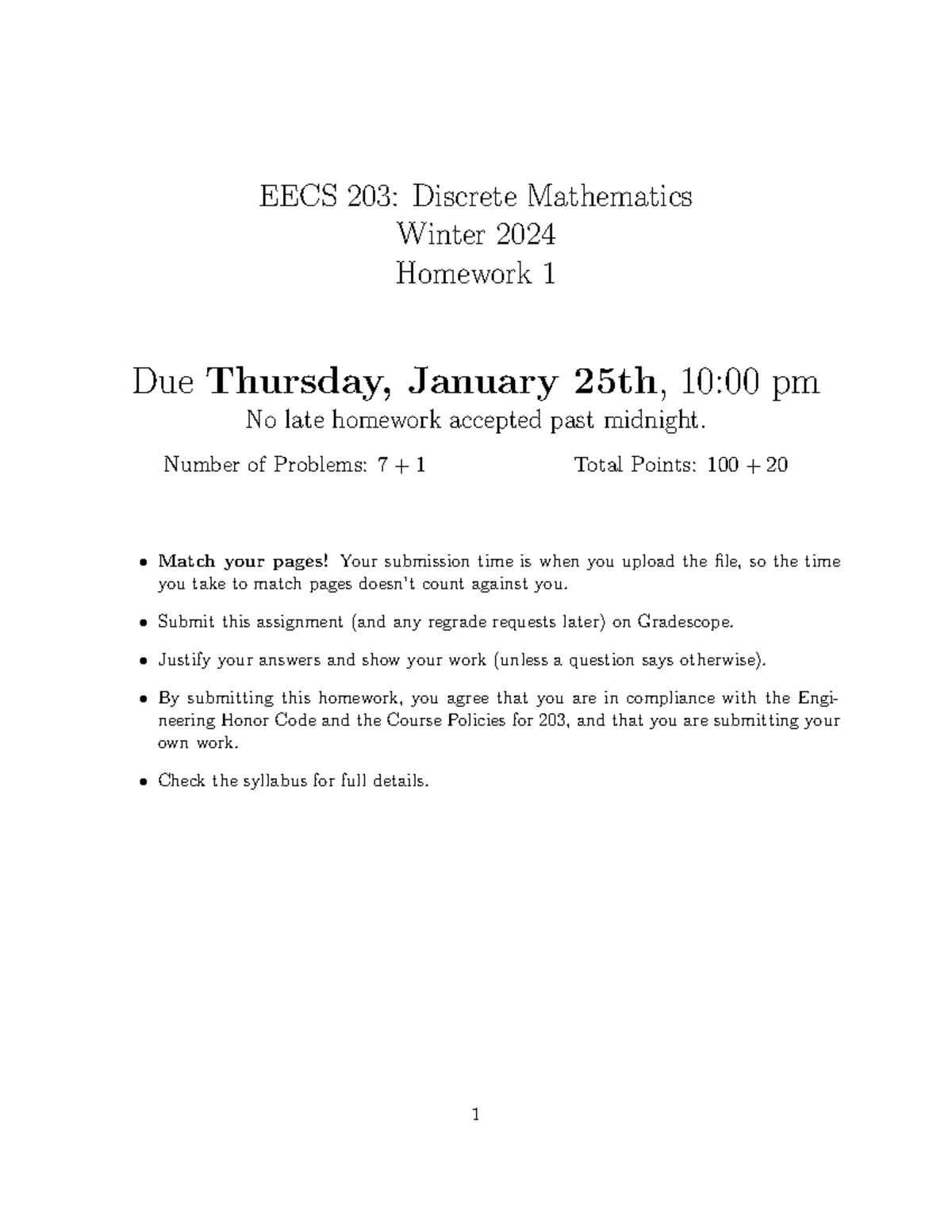 Homework 1 - EECS 203: Discrete Mathematics Winter 2024 Homework 1 Due Thursday, January 25th ...