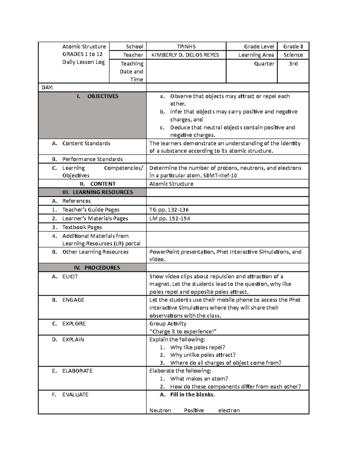 M2-Act1 - Science Lesson Plan - Atomic Structure GRADES 1 to 12 Daily ...