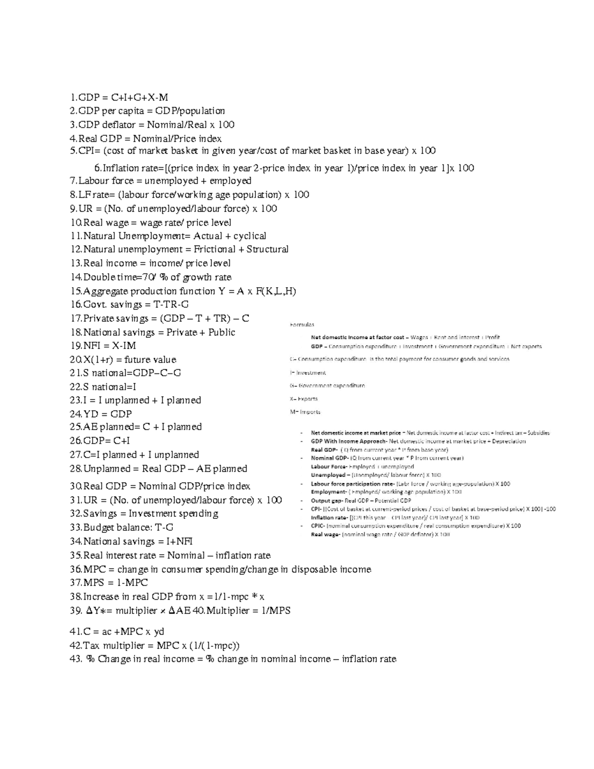 Formula sheet ECON 1020.pdf - 1 = C+I+G+X-M 2 per capita = GDP ...