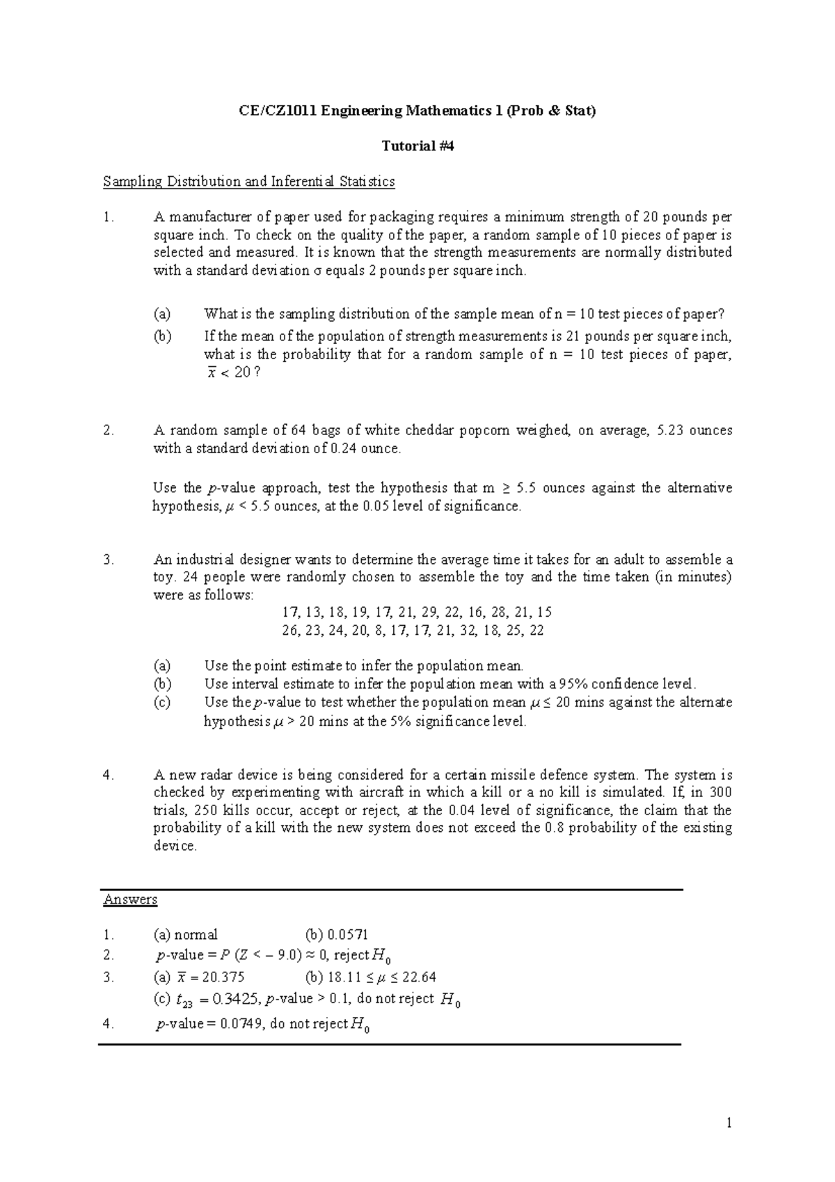Tutorial 8 - Sampling Distribution and Inferential Statistics - 1 CE/CZ ...