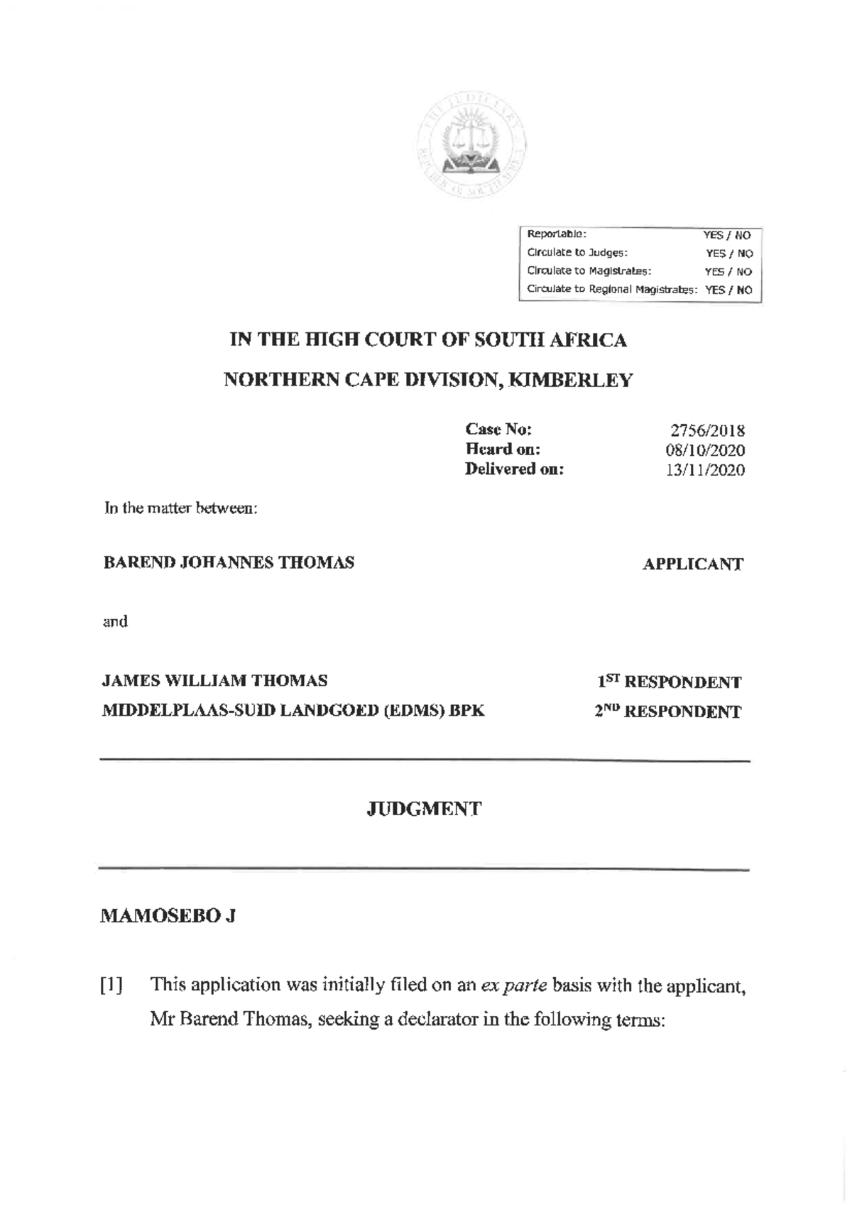 Thomas v Thomas - Case summary - Studocu