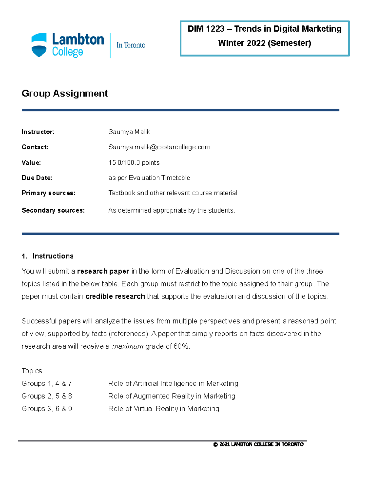 Assignment Number 1 Research Paper - Lambton College - Studocu