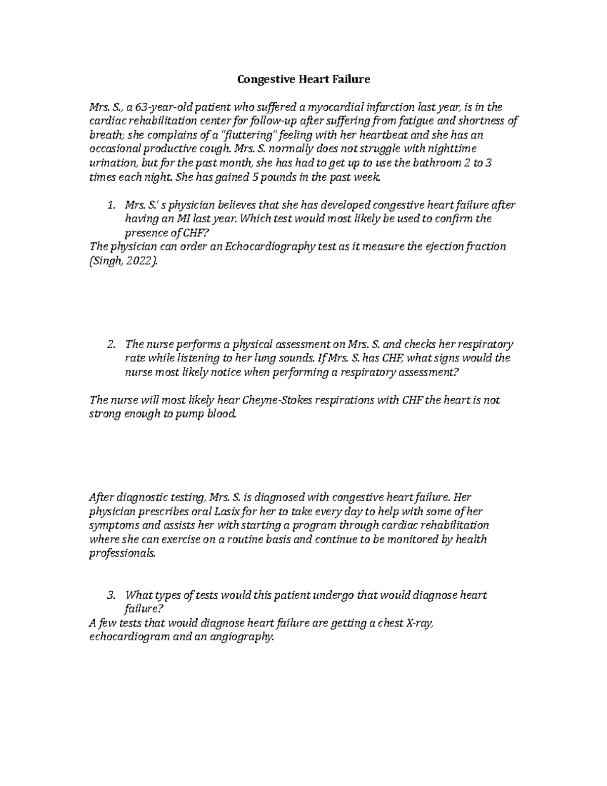 WCU Haws CHF Case Study Peter Nguyen - Congestive Heart Failure Mrs. S ...