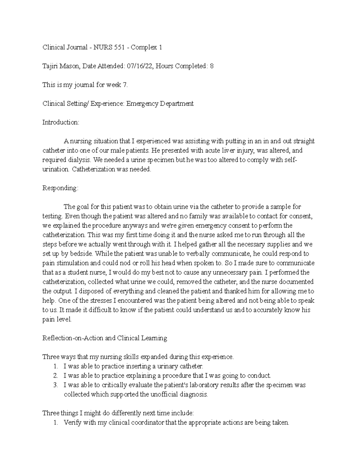 Week 7 Clinical Journal - NURS 551 - Clinical Journal - NURS 551 ...