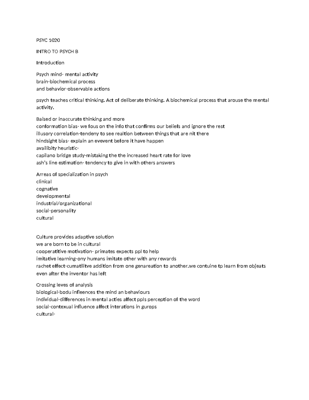 PSYC 1020 notes - PSYC 1020 INTRO TO PSYCH B Introduction Psych mind ...