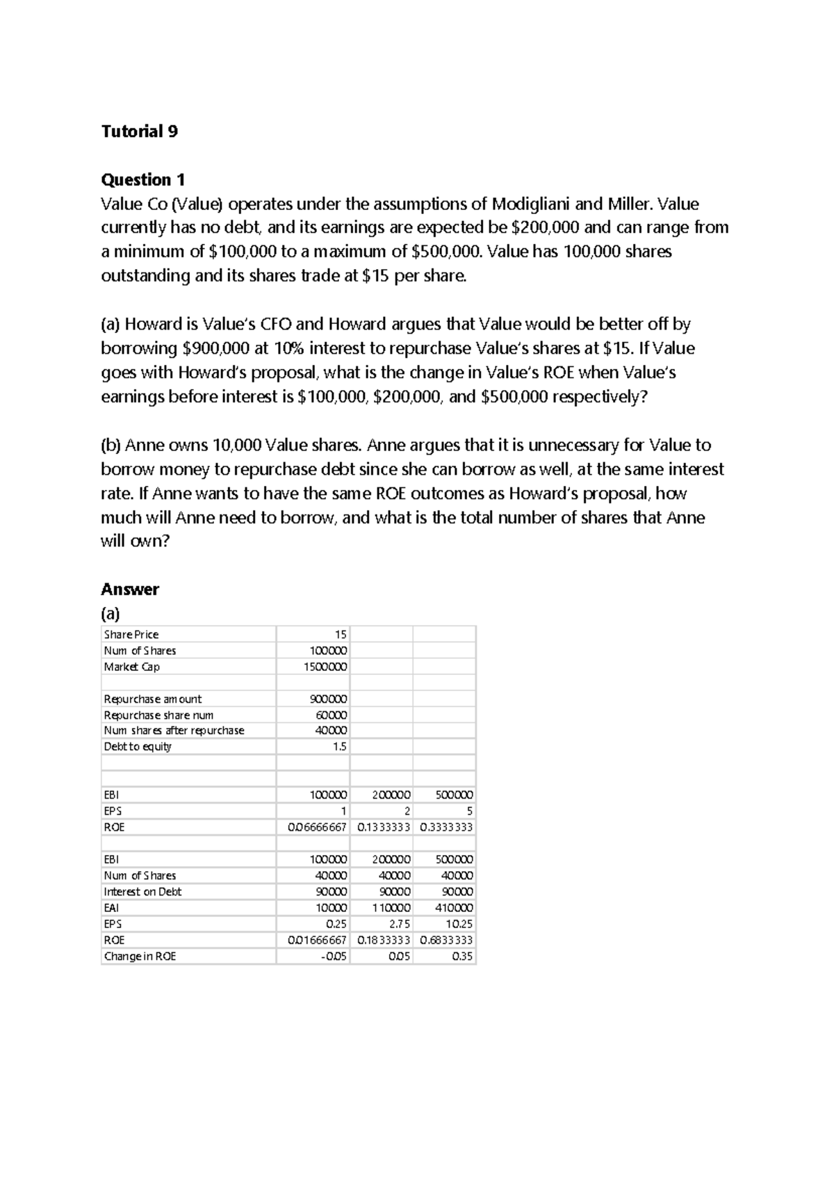 Tutorial 9 with Answers - Tutorial 9 Question 1 Value Co (Value ...