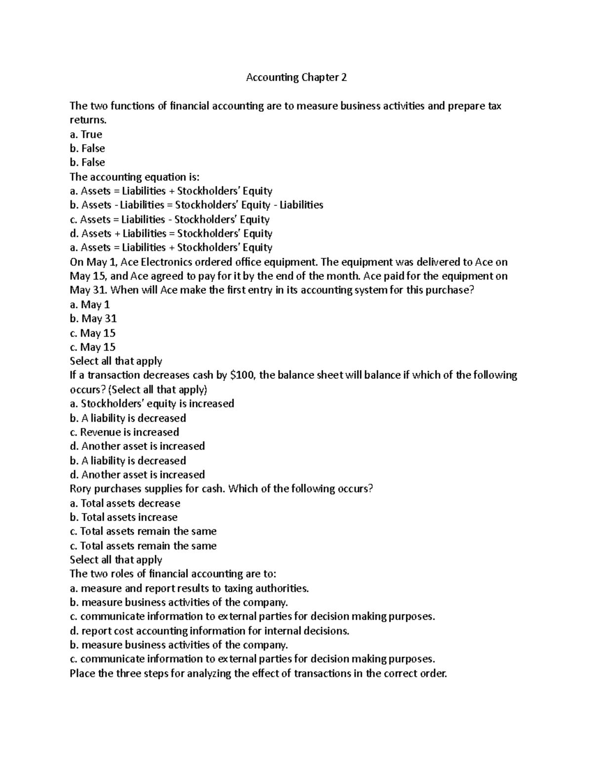 Accounting Chapter 2 - a. True b. False b. False The accounting ...
