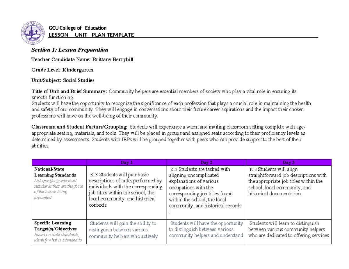 3-day unit plan template - Section 1: Lesson Preparation Teacher ...