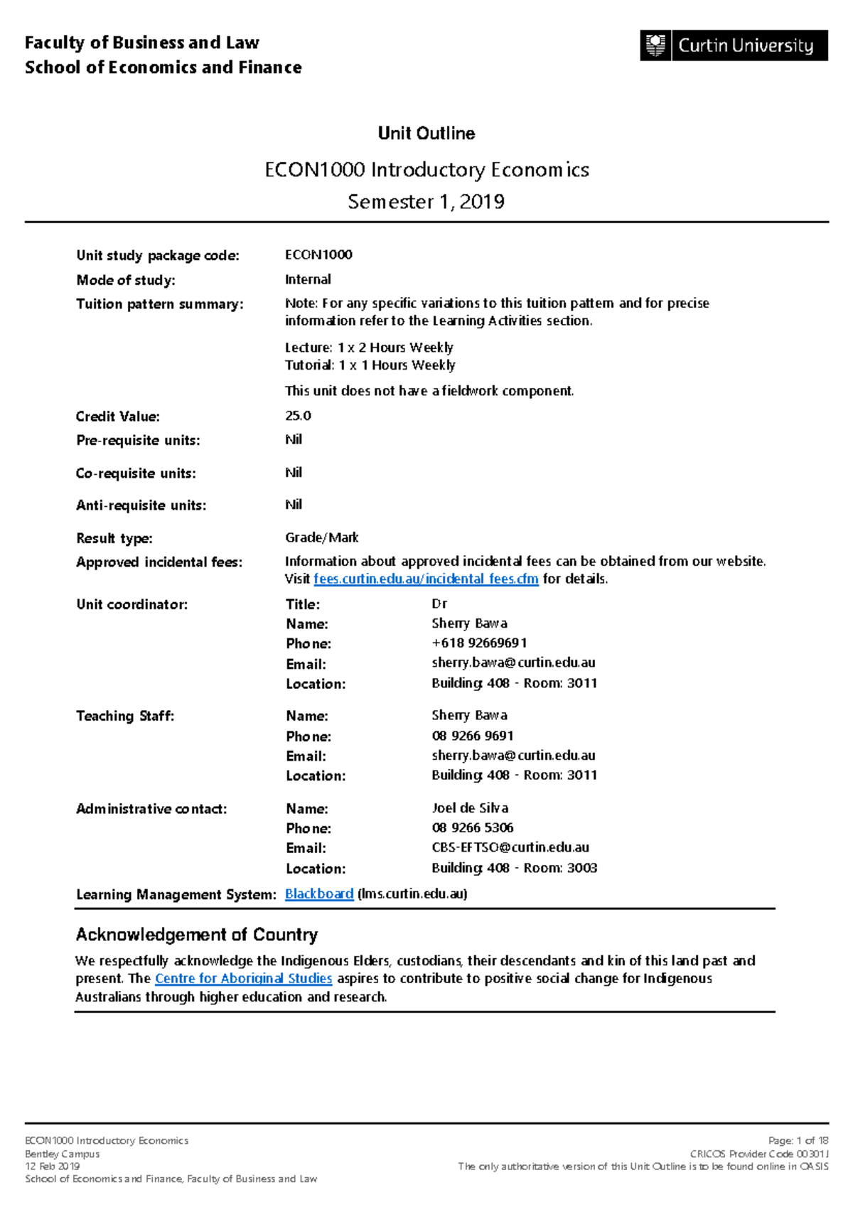 ECON1000 Introductory Economics Semester 1 2019 Bentley Campus INT ...