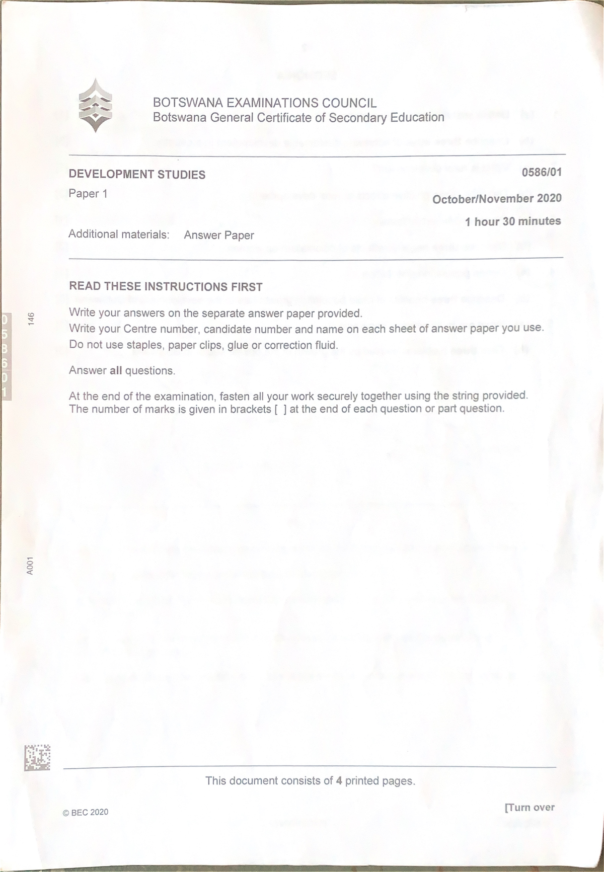 Development Studies Paper 1 2020 - BOTSWANA EXAMINATIONS COUNCIL ...