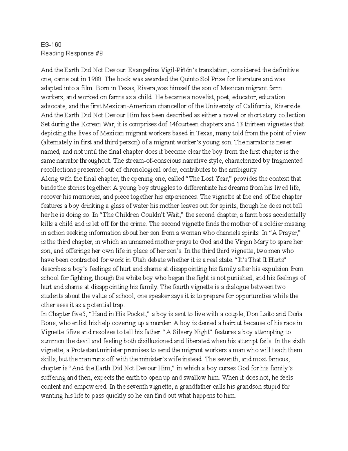 ES RR #9 - cesar silva class - ES- Reading Response # And the Earth Did ...