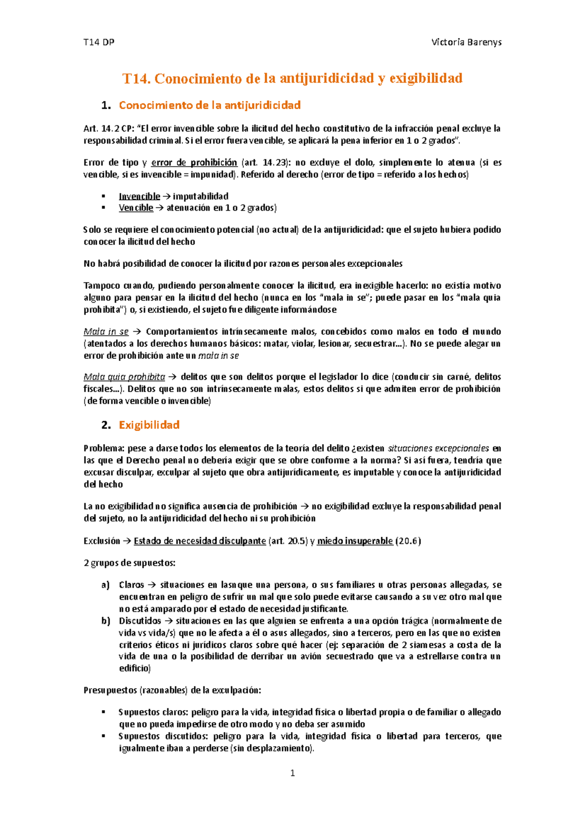 T14 DP - Conocimiento de la antijuridicidad y exigibilidad - T14 DP Victoria Barenys T14. - Studocu