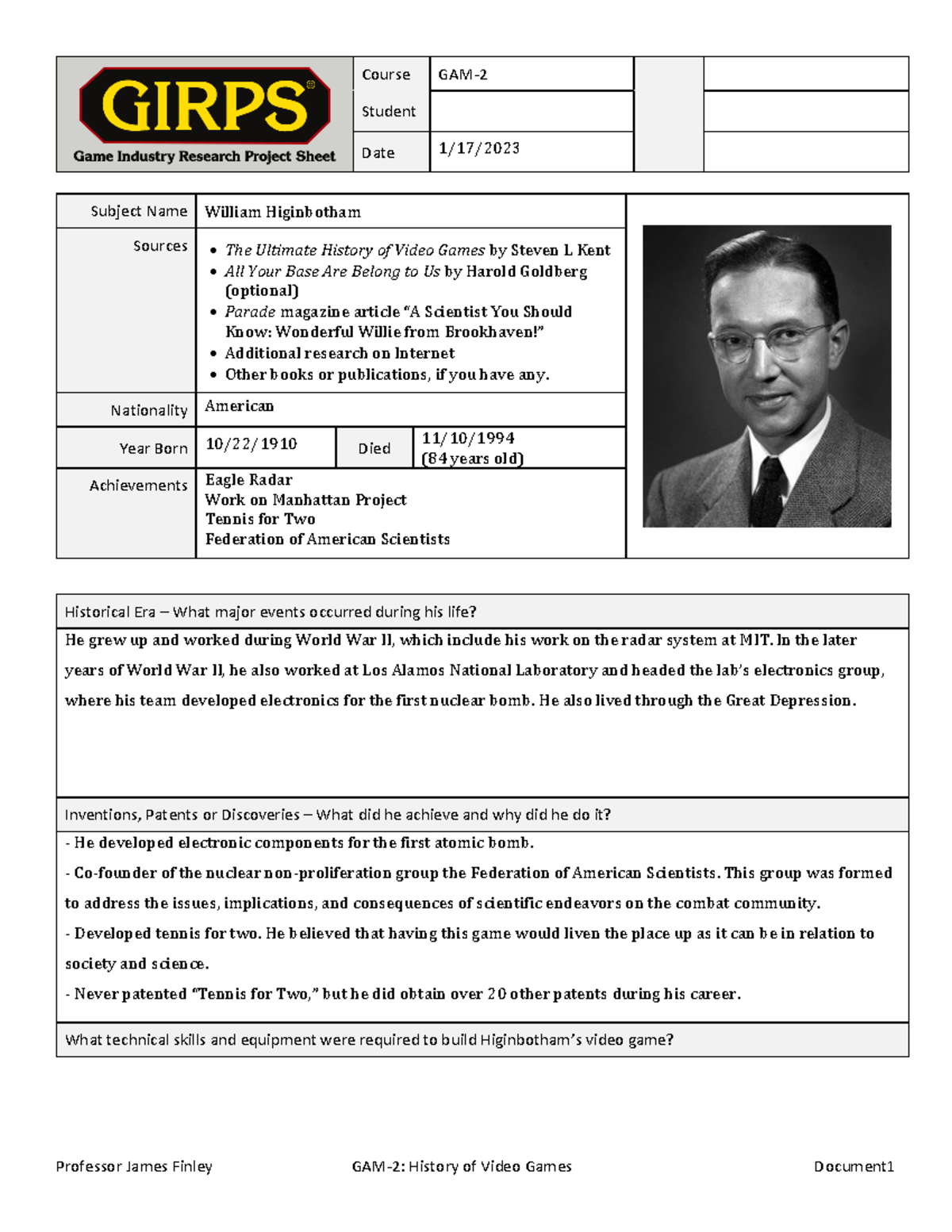 GAM-21 (GAM 2) - GIRPS The Rise of Video Games Portion - Course GAM ...