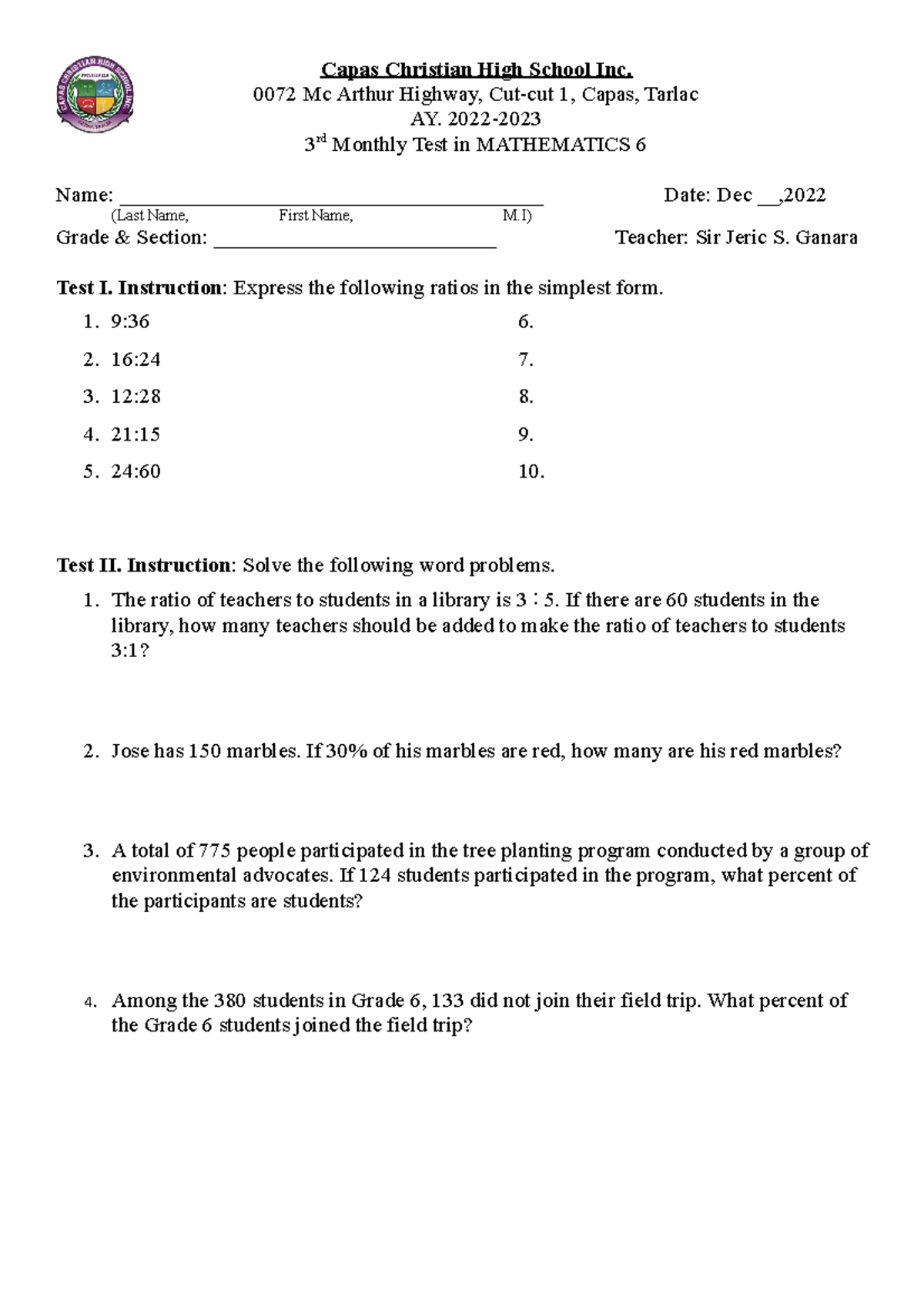 M3 MATH6 - Exam on Math 6 - Capas Christian High School Inc. 0072 Mc ...