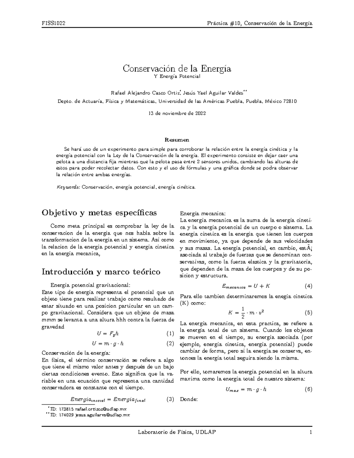 Practica 10 - Clase tomada con el Dr. Prihel Cavildo - FISS1022 Pr ́actica #10, Conservaci ́on ...