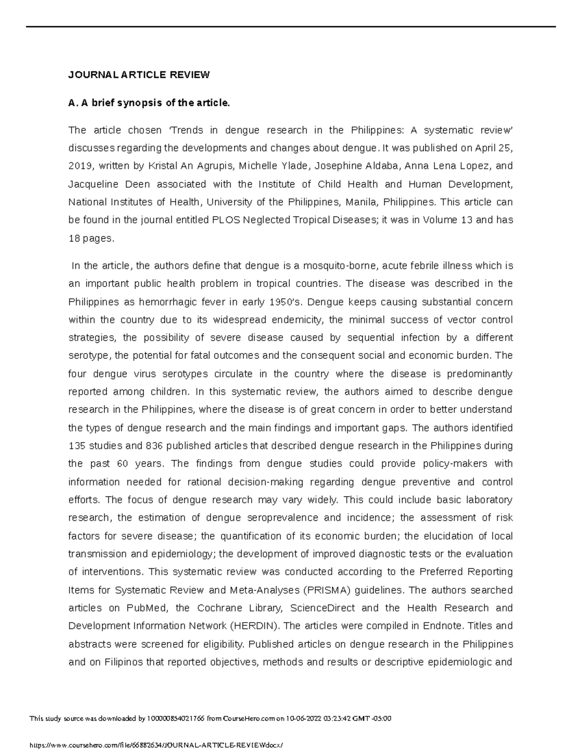 Journal Article Review - JOURNAL ARTICLE REVIEW A. A brief synopsis of ...