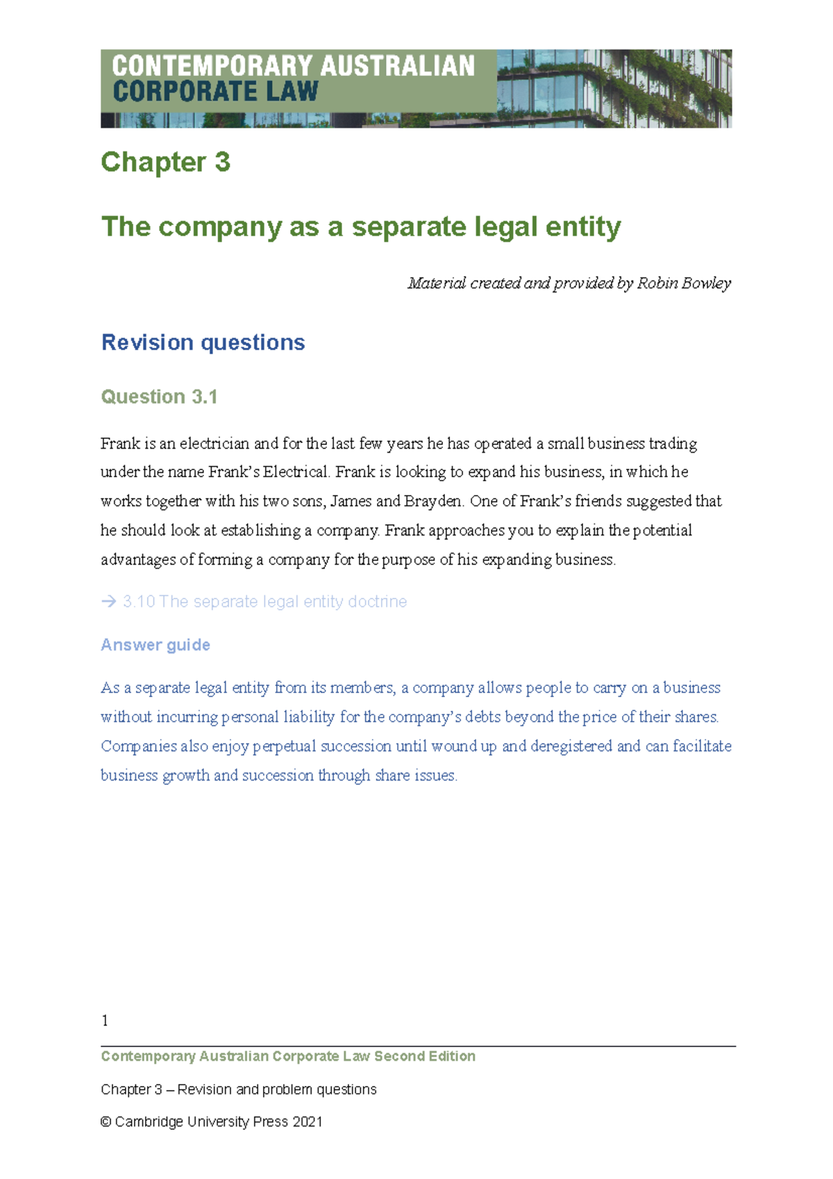 LAWS2300 Tutorial Questions Textbook Chapter 3 - Chapter 3 The company ...