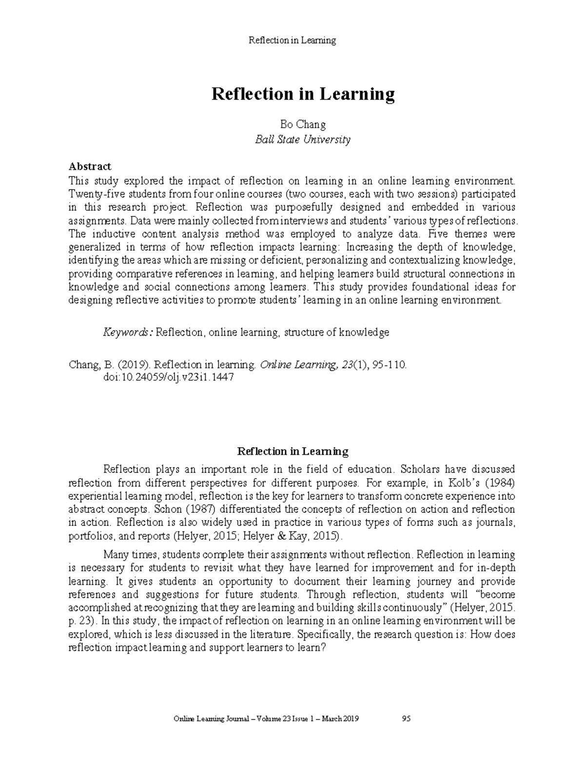 Reflection in Learning - Twenty-five students from four online courses (two courses, each with ...