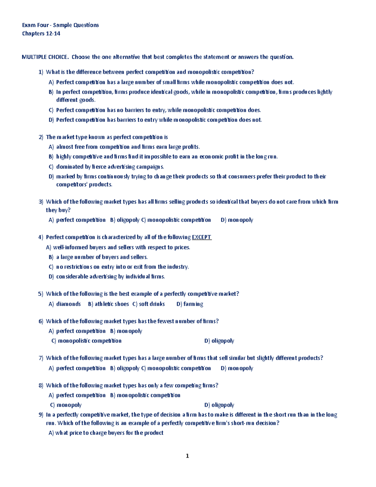Exam4sample ques - notes - Exam Four - Sample Questions Chapters 12 ...