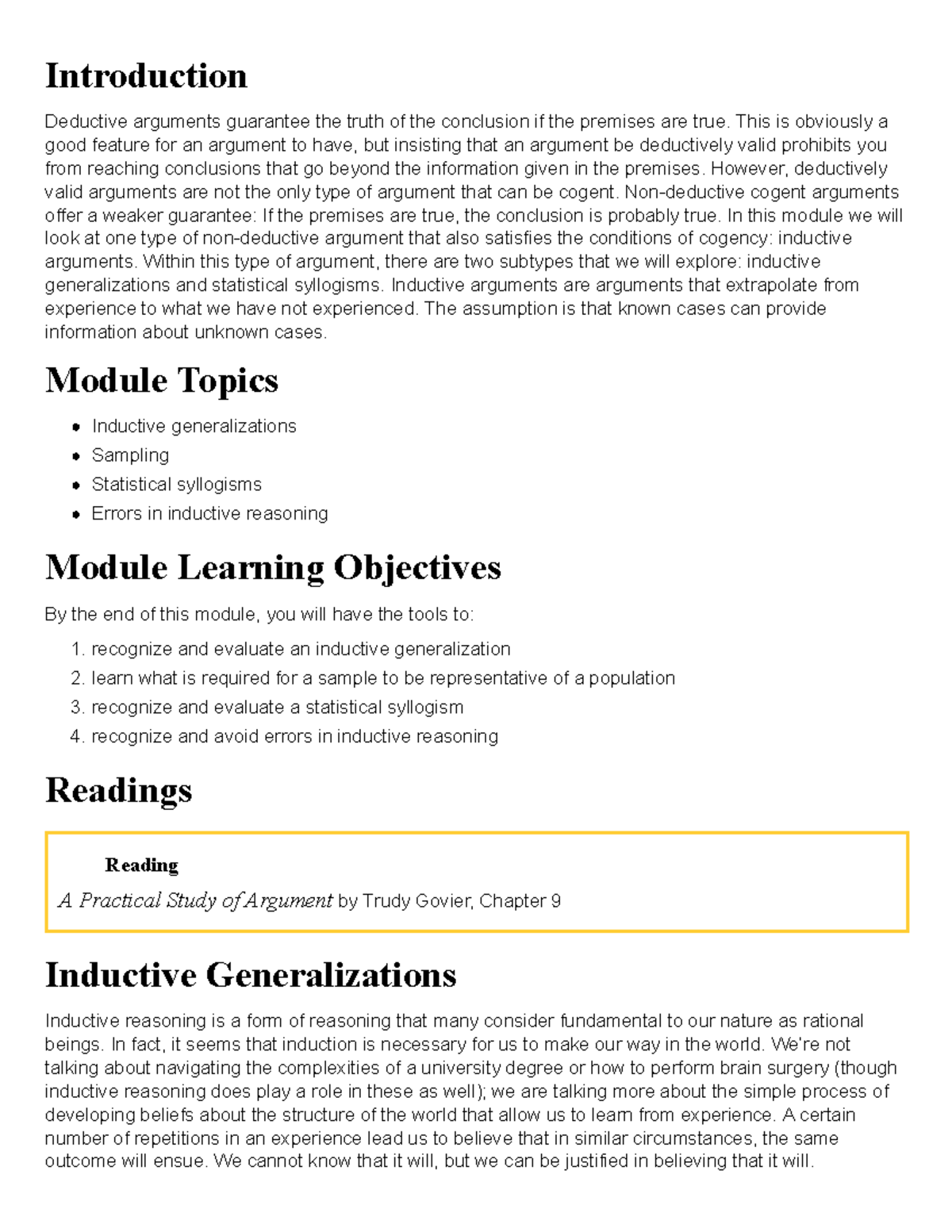 CPHL214, Module 8 - Introduction - Introduction Deductive arguments guarantee the truth of the ...