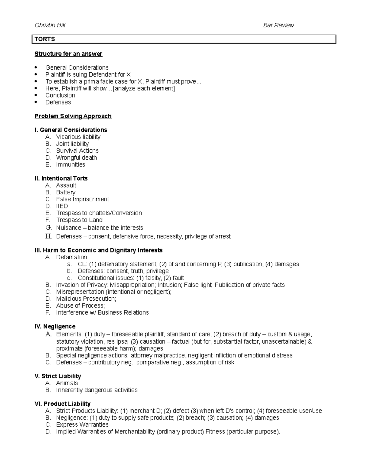 Torts-checklist-chill - Christin Hill Bar Review TORTS Structure for an ...