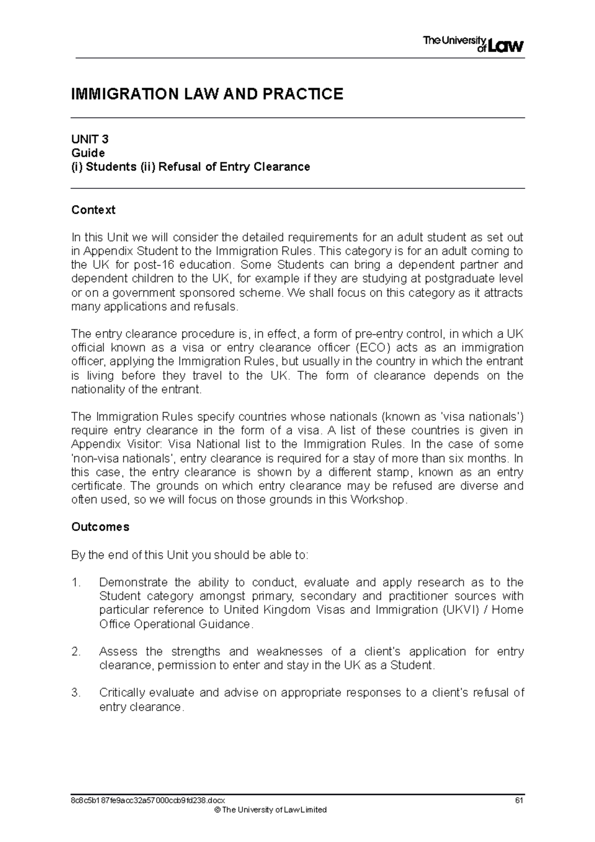 Immigration WS3 Guide - IMMIGRATION LAW AND PRACTICE UNIT 3 Guide (i ...