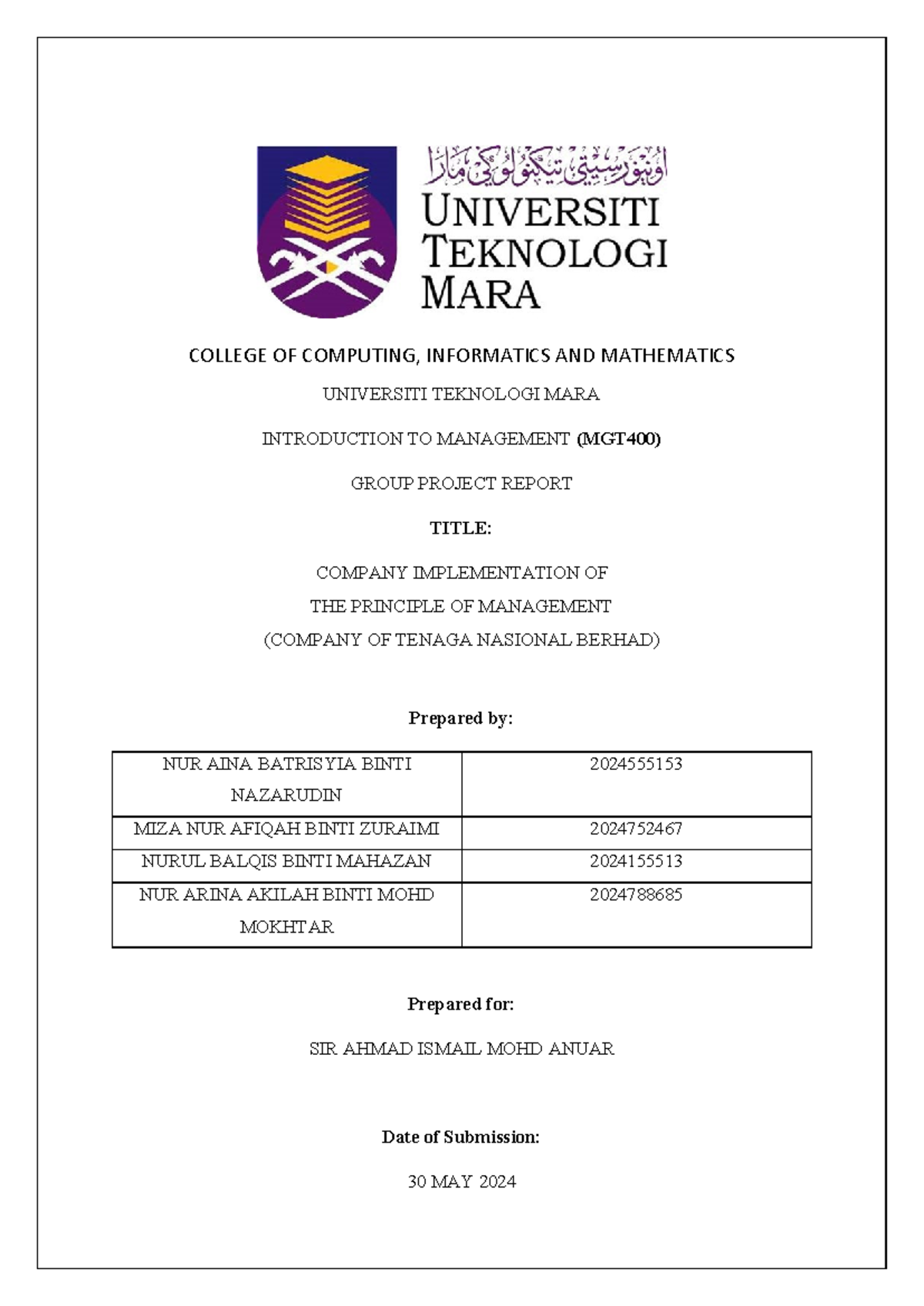 MGT400 (TNB) - COLLEGE OF COMPUTING, INFORMATICS AND MATHEMATICS UNIVERSITI TEKNOLOGI MARA - Studocu