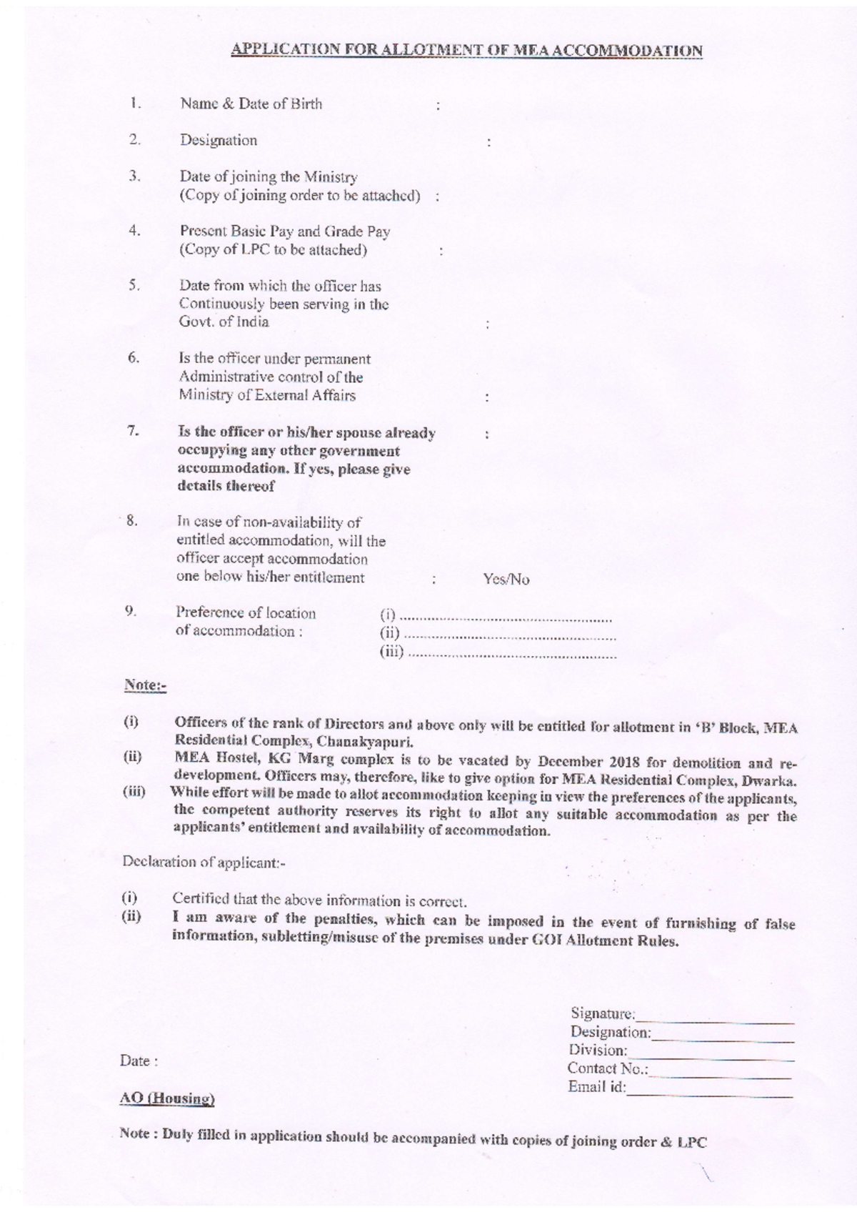 Download - APPLICATION FOR ALLOTMENT OF MEA ACCOMMODATION 1. 2. 3. 4 ...