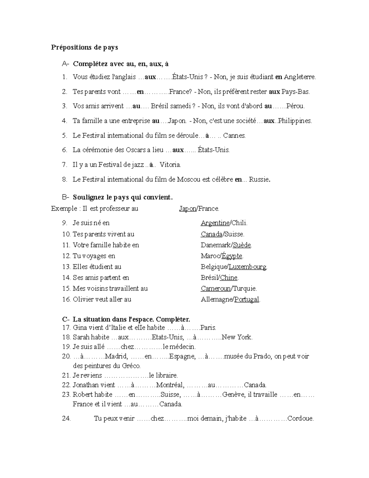 Exerc Prepositions - ejercicios preposiciones - Prépositions de pays A ...
