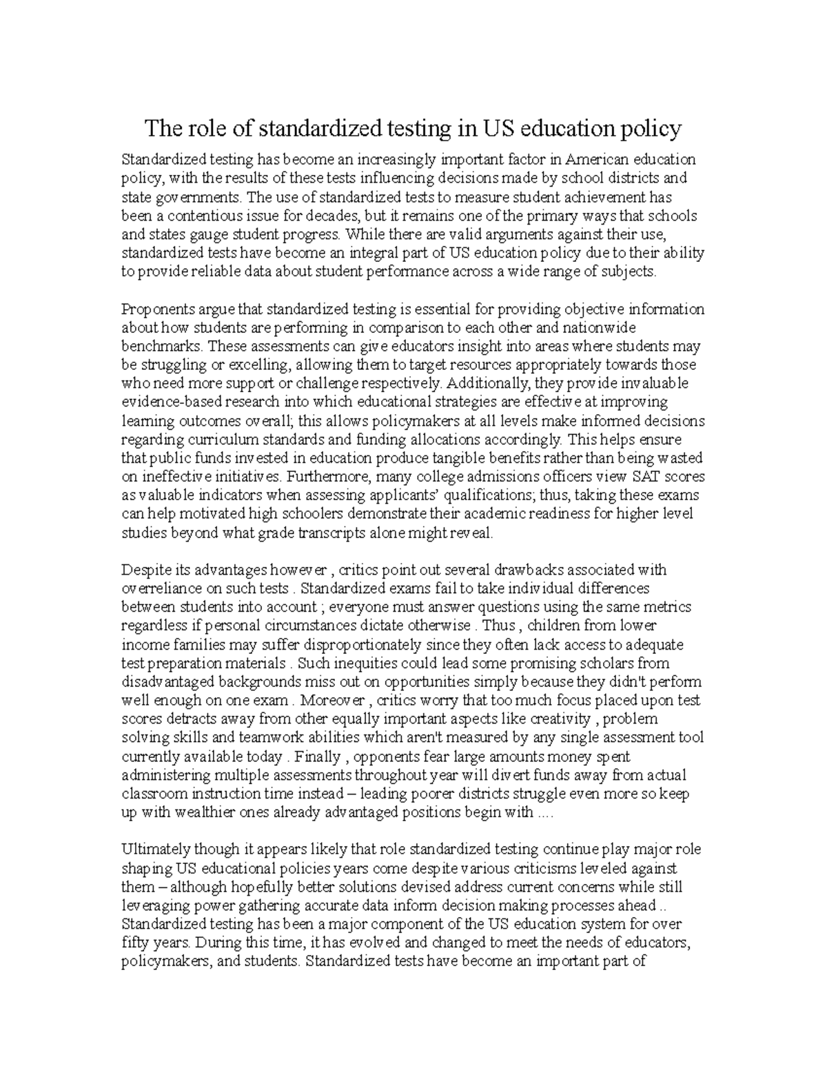 The role of standardized testing in US education policy - The role of ...
