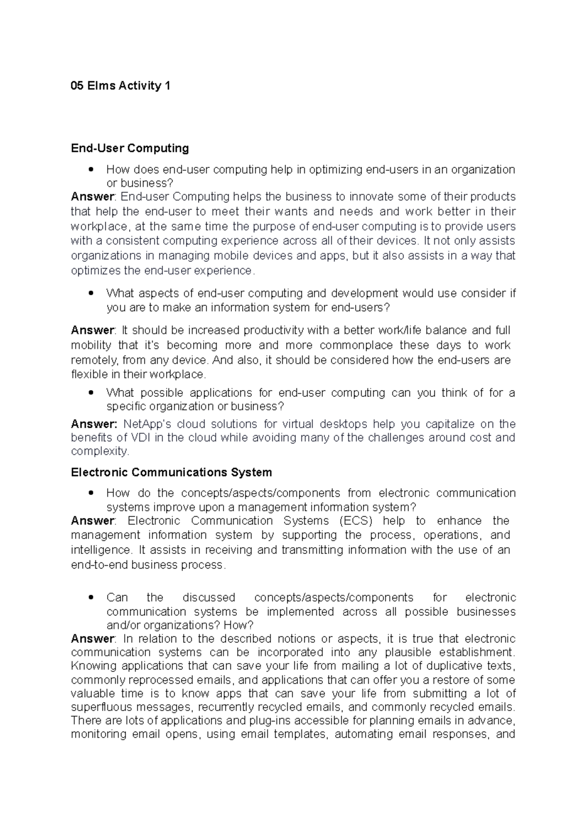 05 Elms Activity 1 - 05 Elms Activity 1 End-User Computing How does end-user computing help in ...