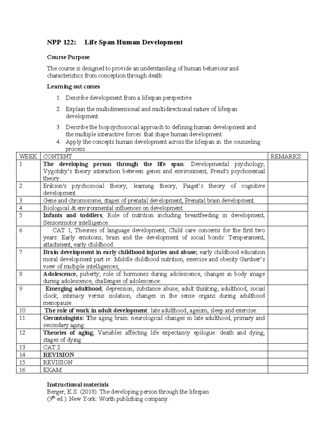NPP 122 course outline- lifespan development - NPP 122: Life Span Human ...