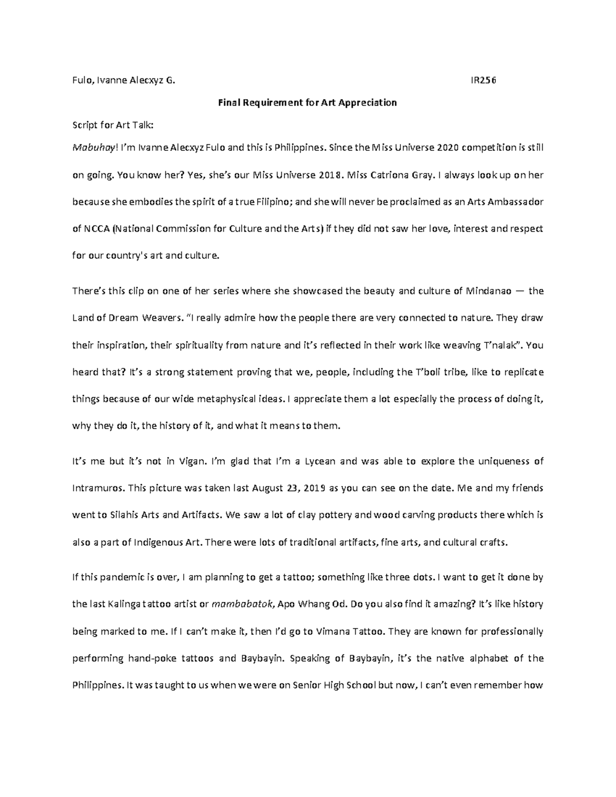 Example Of Art Talk Script In Art Appreciation Class AB Foreign