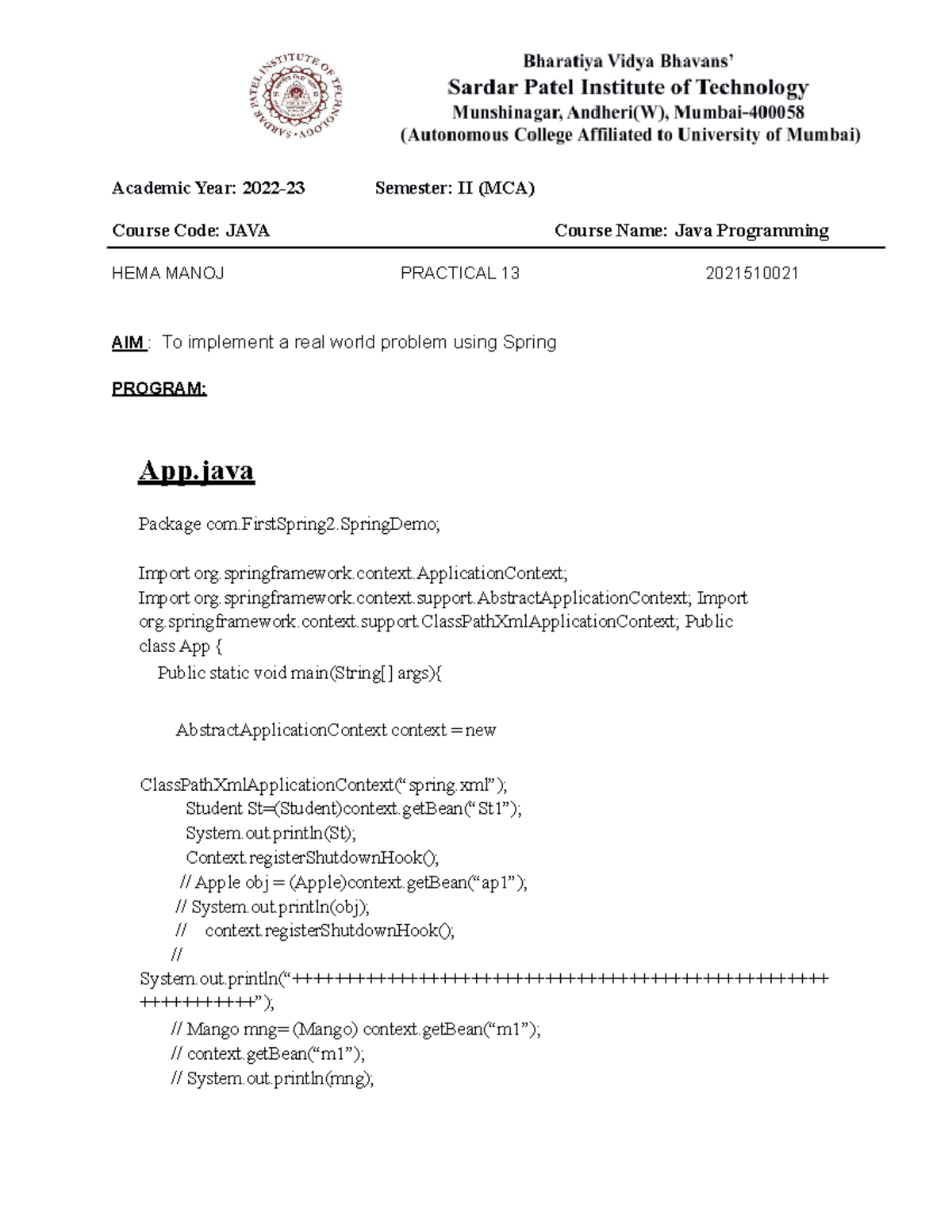 EXP13JP - Course Code: JAVA Course Name: Java Programming HEMA MANOJ ...