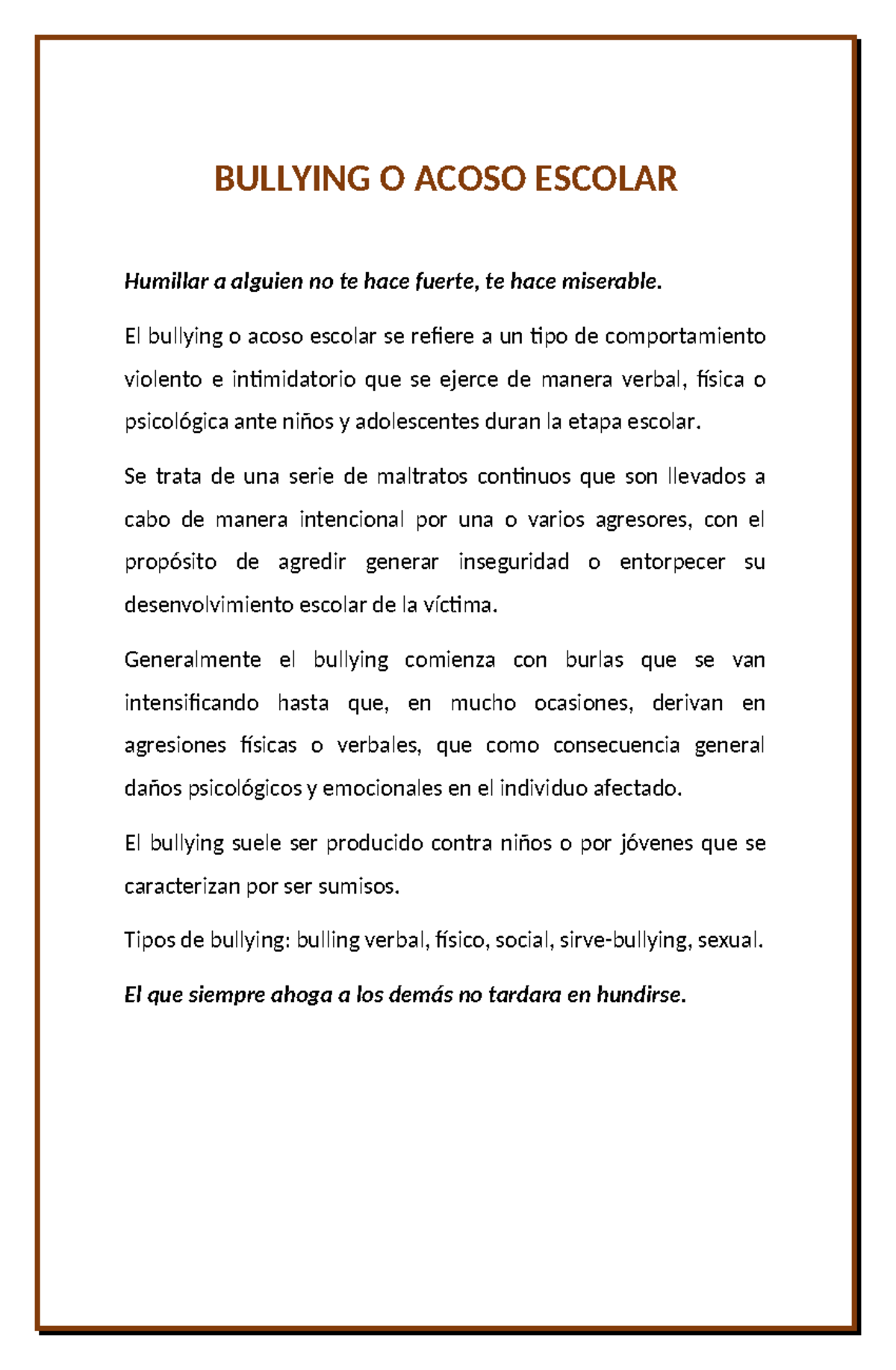 Bullying O Acoso Escolar - BULLYING O ACOSO ESCOLAR Humillar a alguien ...