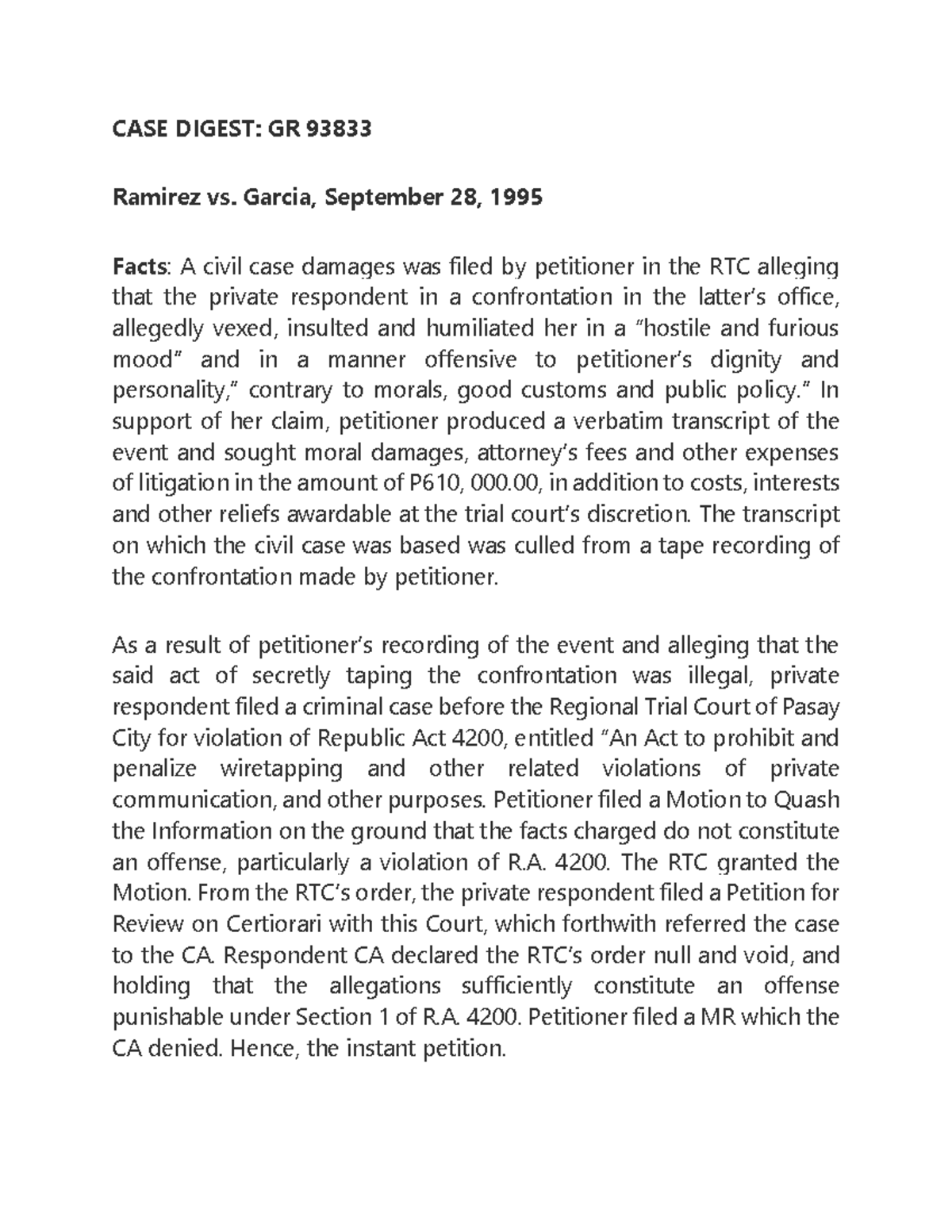 16) Digest - Ramirez vs Garcia.pdf - CASE DIGEST: GR 93833 Ramirez vs. Garcia, September 28 ...