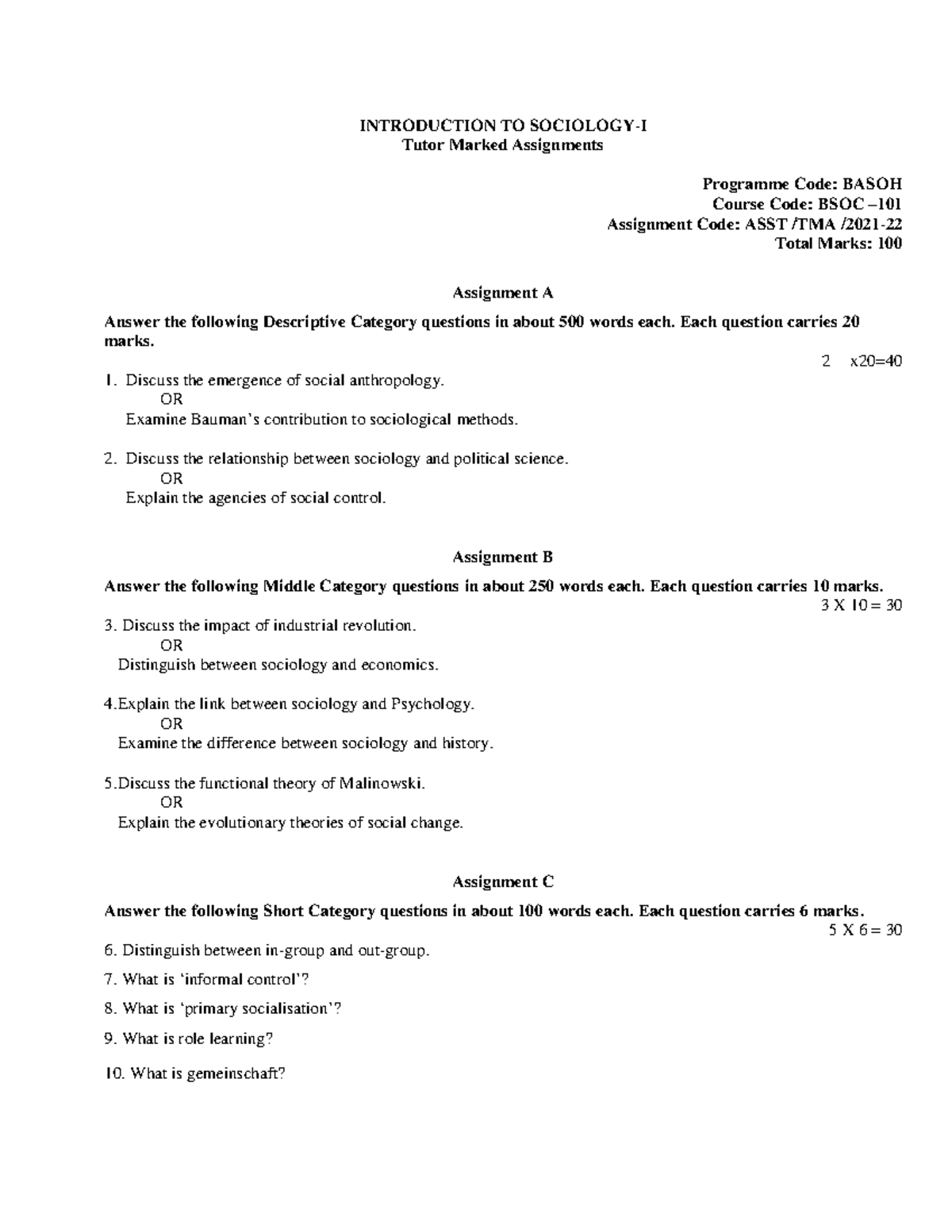 BSOC 101 Assignment Notes - INTRODUCTION TO SOCIOLOGY-I Tutor Marked ...
